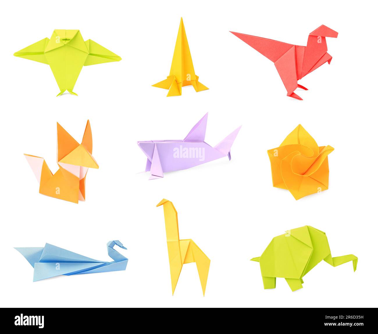 Collage with many different paper figures on white background. Origami ...