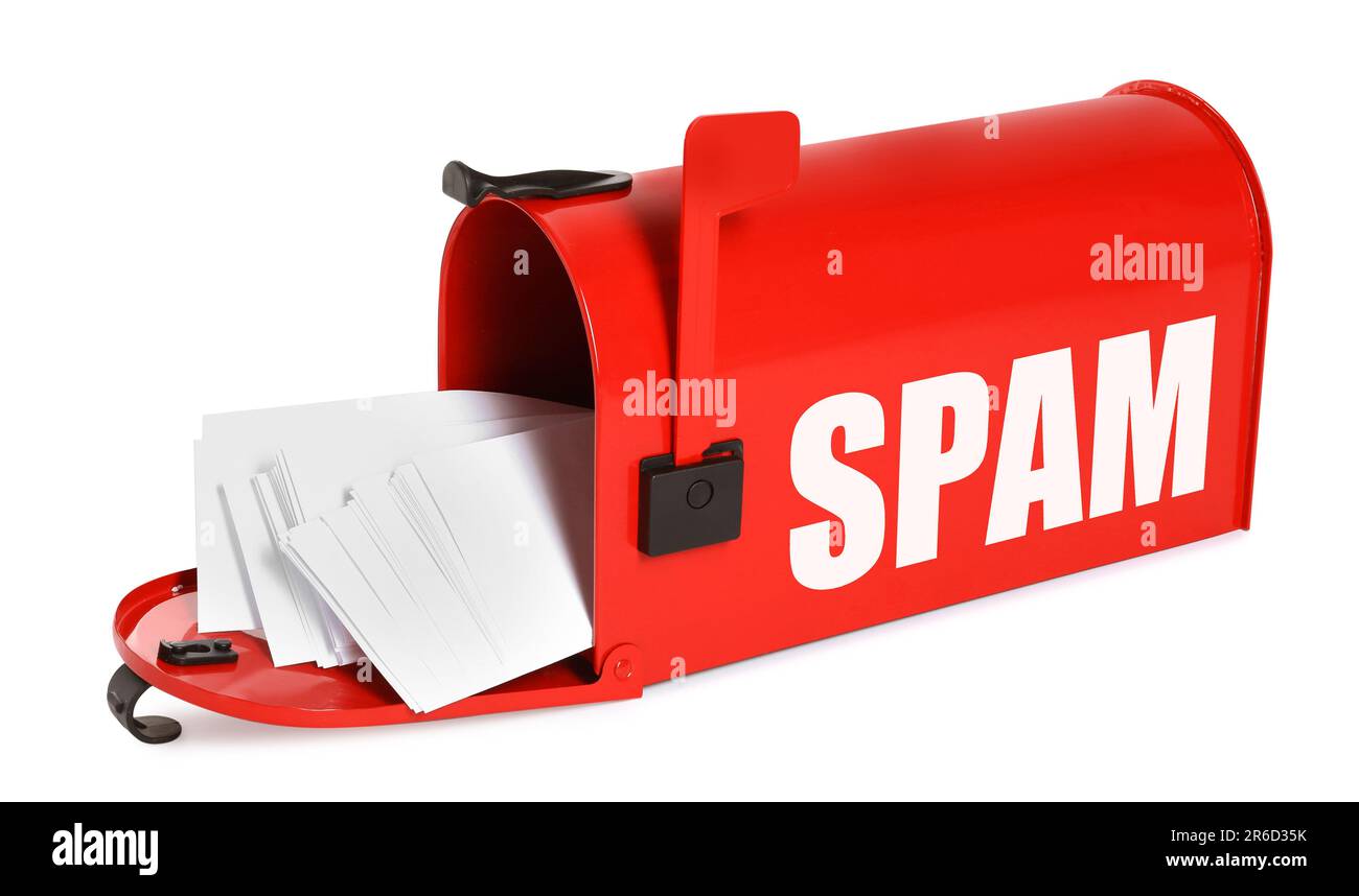 Red letter box with word Spam and envelopes on white background Stock ...