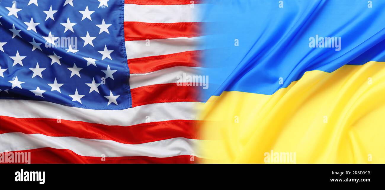 National flags of Ukraine and USA symbolizing partnership between ...