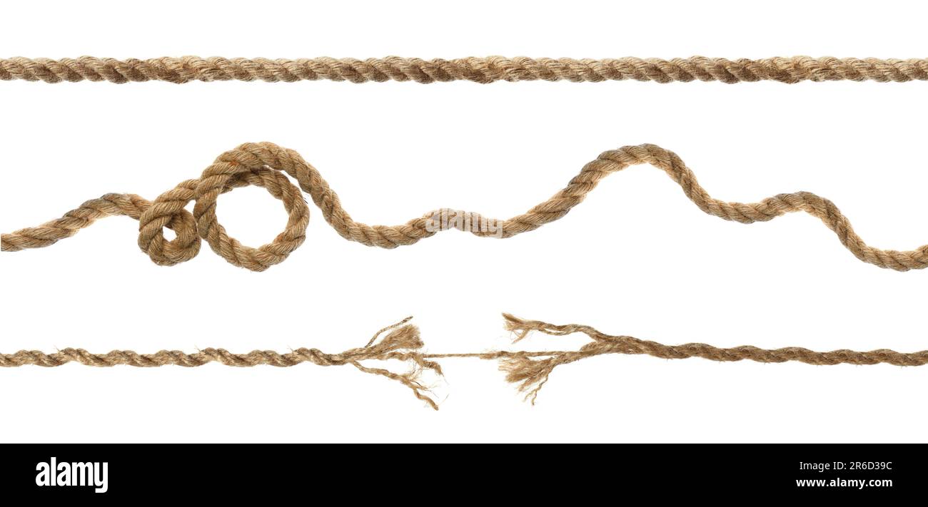 Set with whole and torn hemp ropes on white background Stock Photo - Alamy
