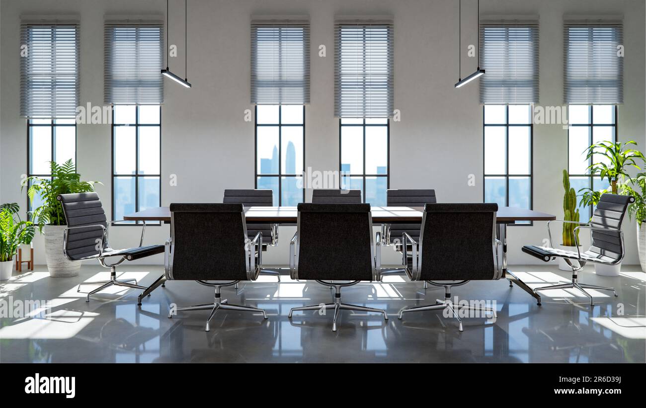 Modern minimalist office conference room interior with concrete floor ...