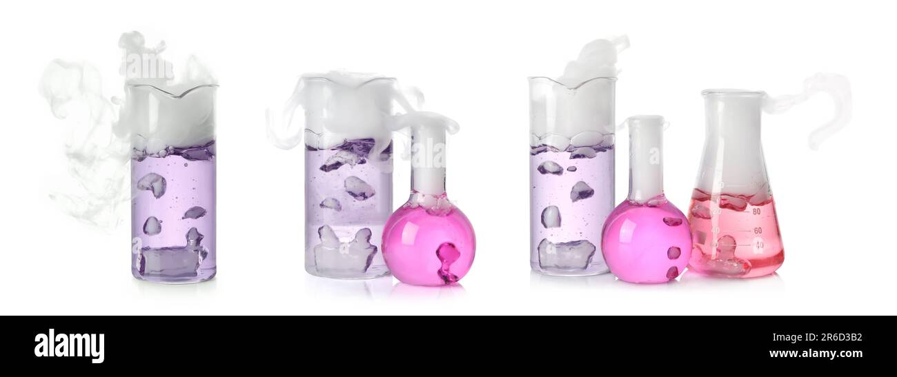 Set of laboratory flasks and beakers with colorful liquids on white ...