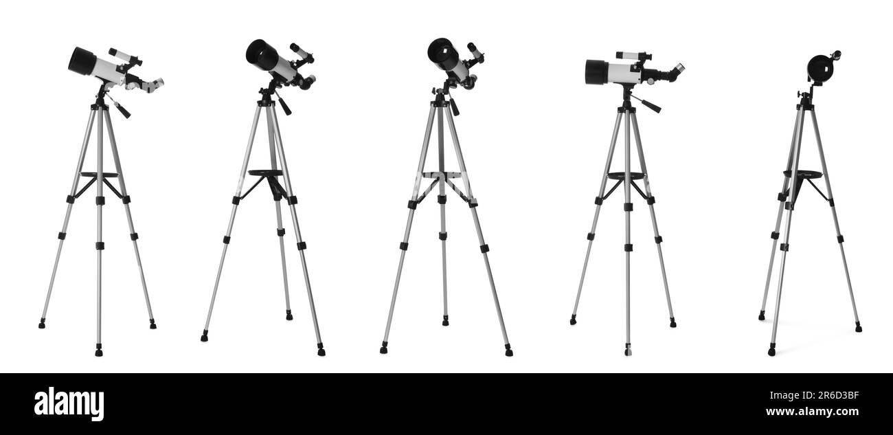 Collage of tripod with modern telescope on white background, views from ...