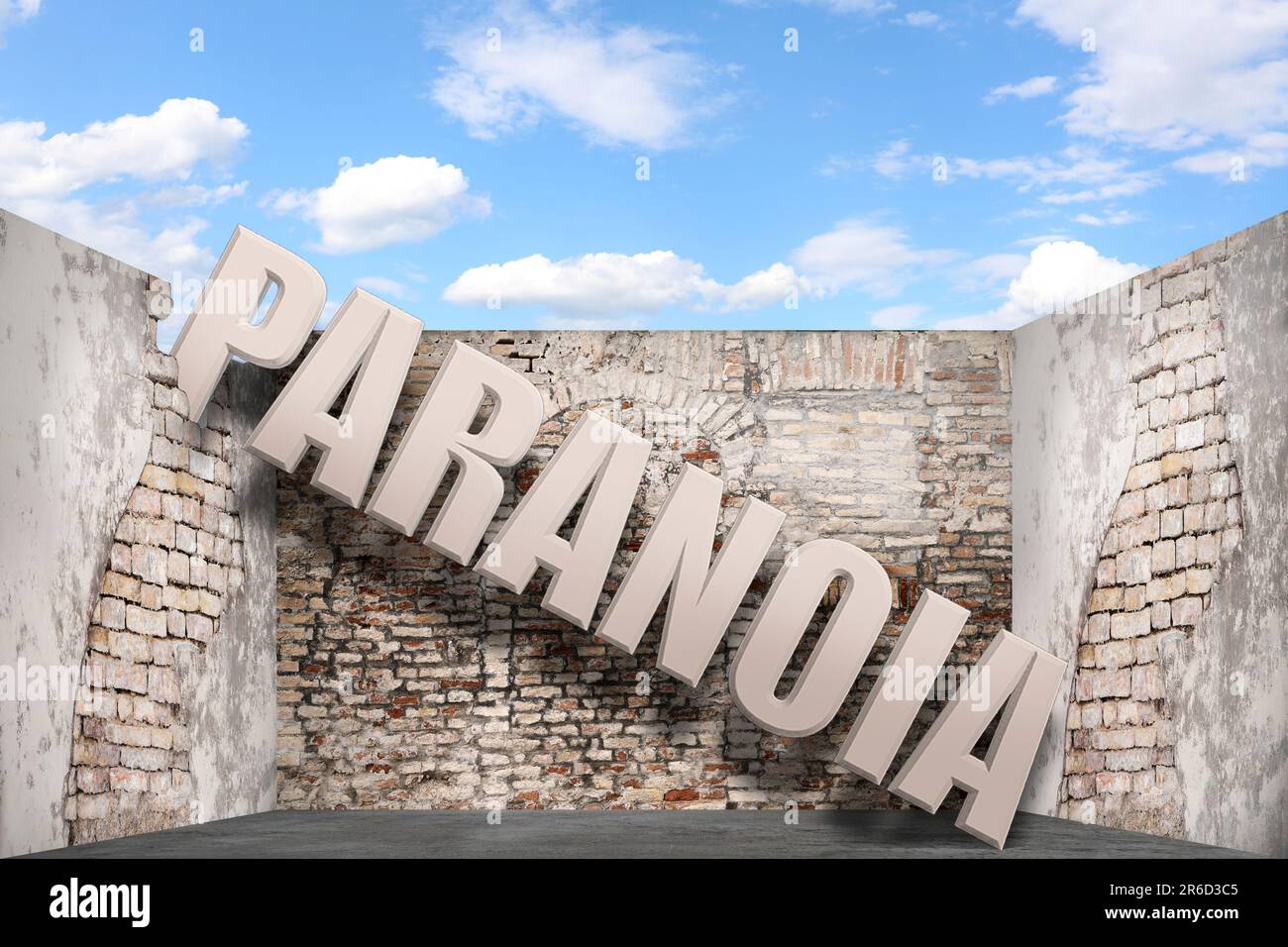 Mental disorder. Fallen word Paranoia in room with brick walls under ...