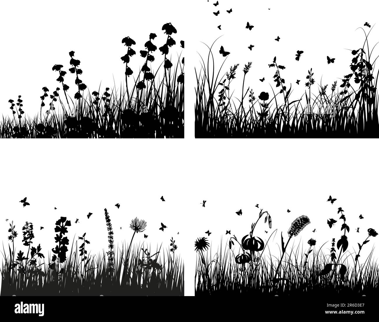 Vector grass silhouettes background with reflection in water. All ...