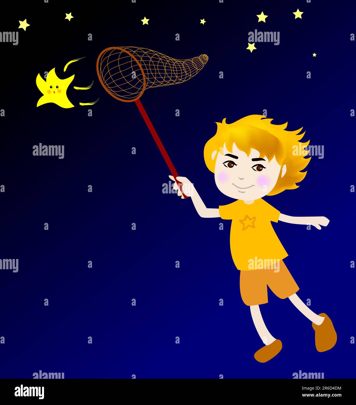 a vector illustration for a little boy is catching a star for made a ...