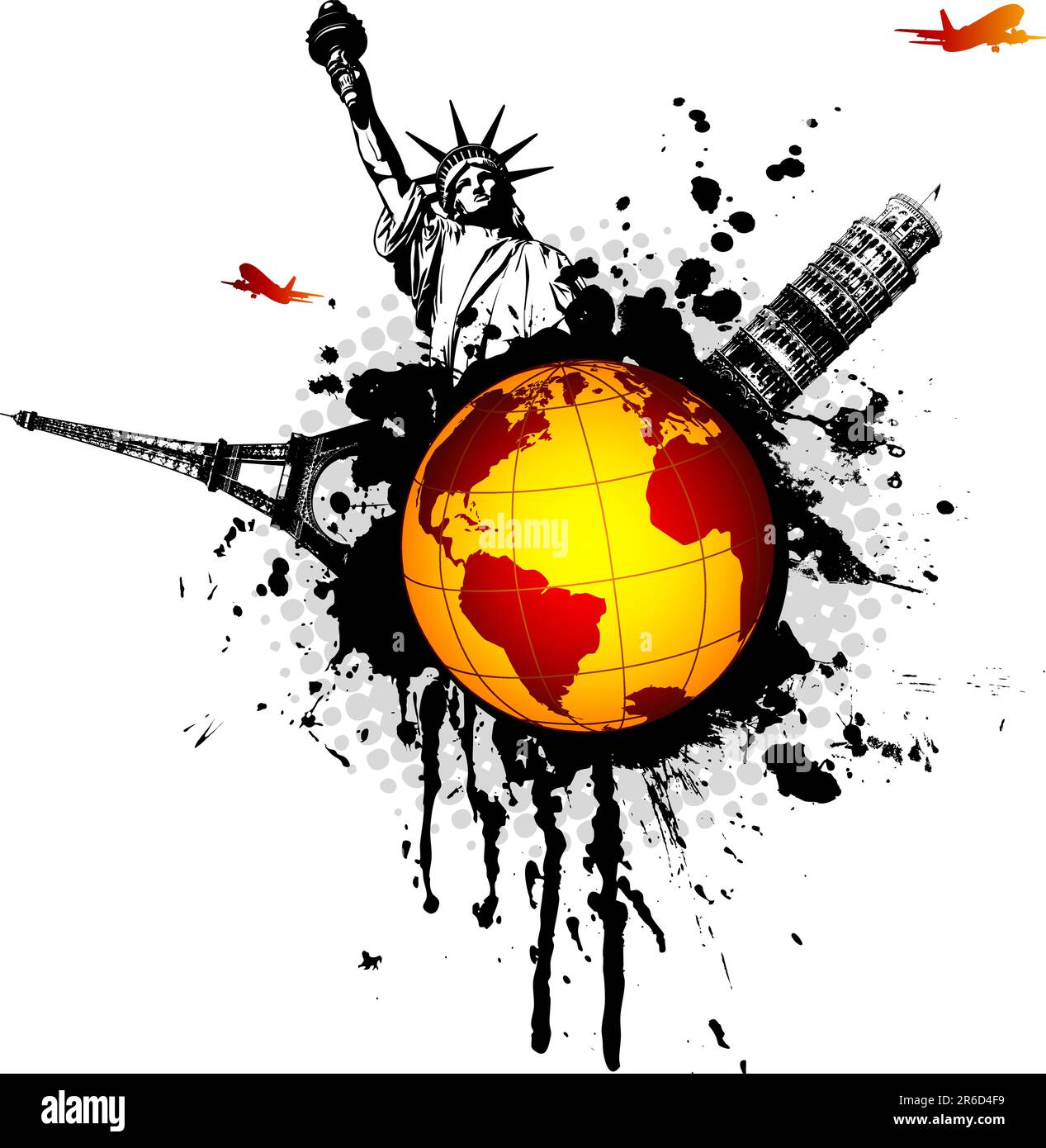 grungy travel illustration with monuments and globe Stock Vector Image ...