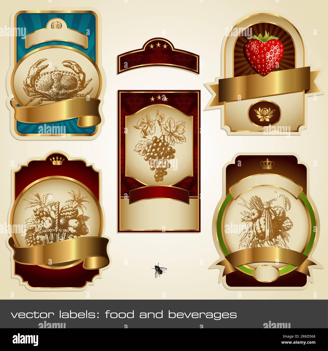 set of five detailed golden-framed vector labels with food-related ...