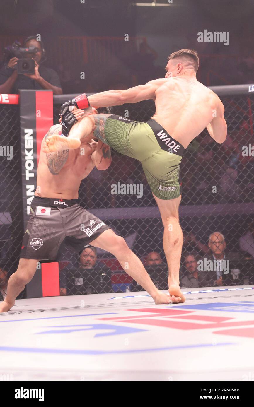 ATLANTA, GA - JUNE 08: (R-L) Chris Wade lands a knee to the head of ...