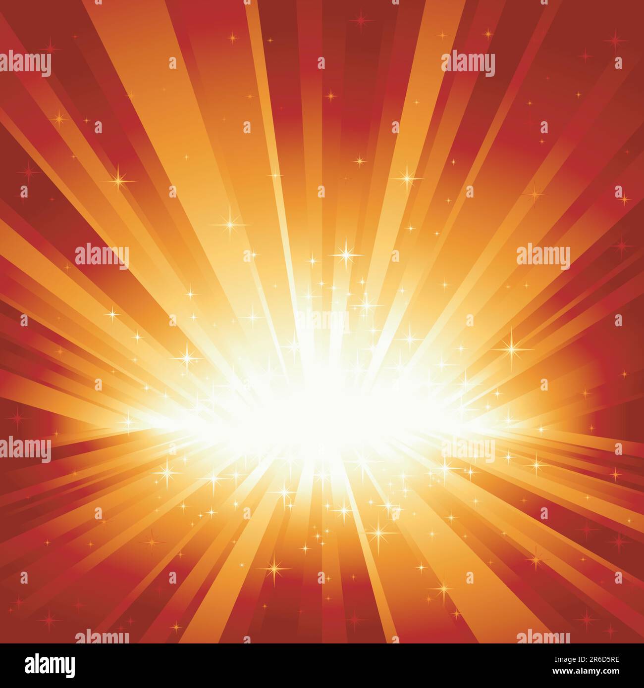 Festive red golden light burst and stars with centre in lower third of ...