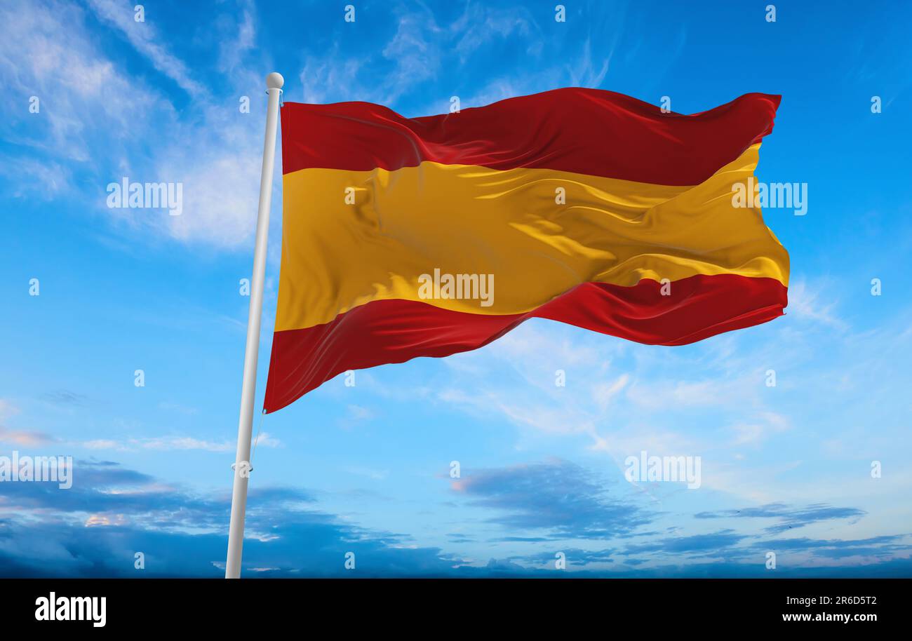 flag of Ibero-Romance peoples Spaniards at cloudy sky background, panoramic view. flag ...