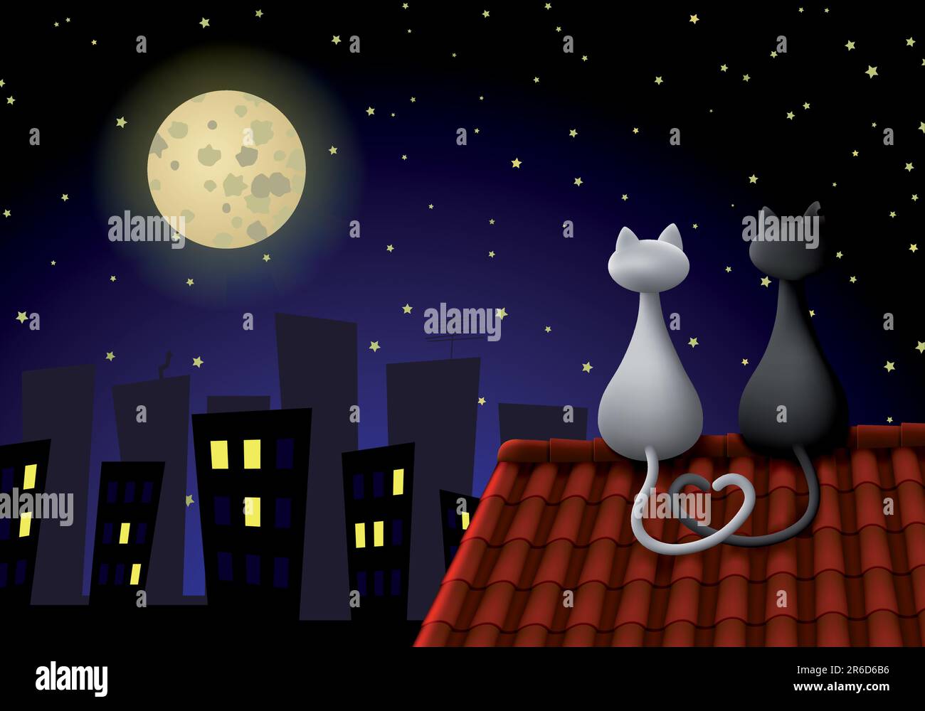 Vector of two cats sitting on a roof at night, looking at the moon ...