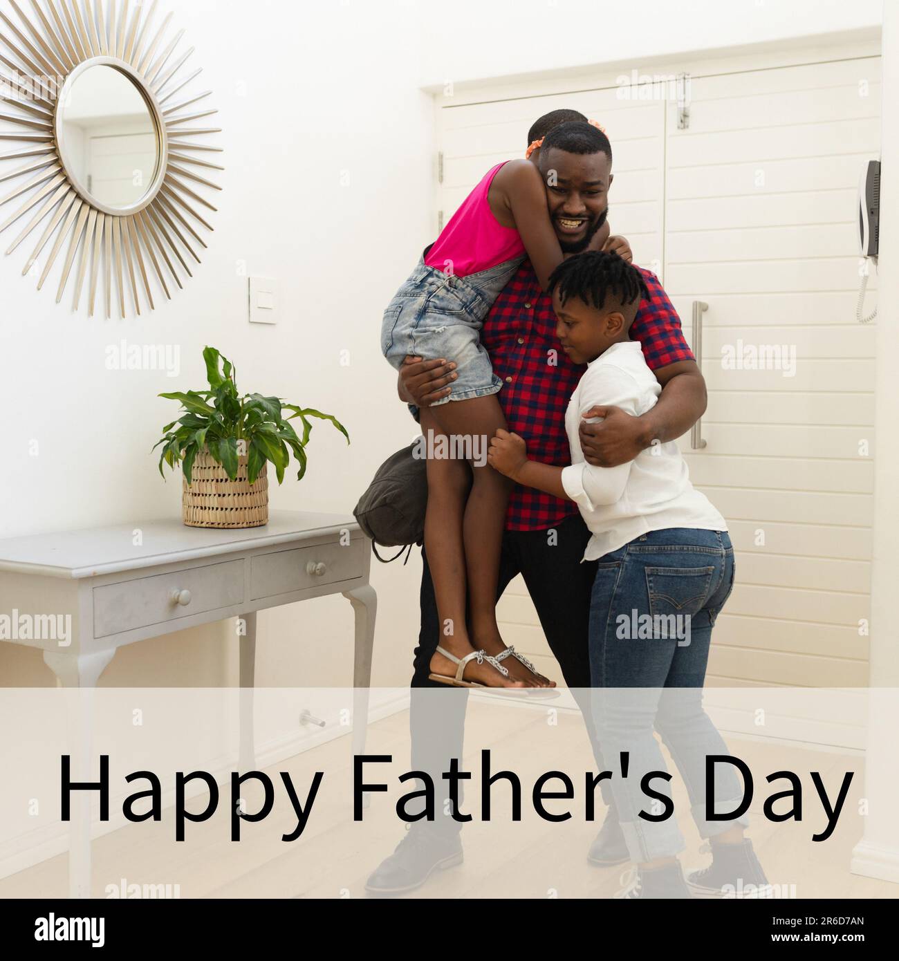 Composite of happy father's day text, happy african american daughters ...