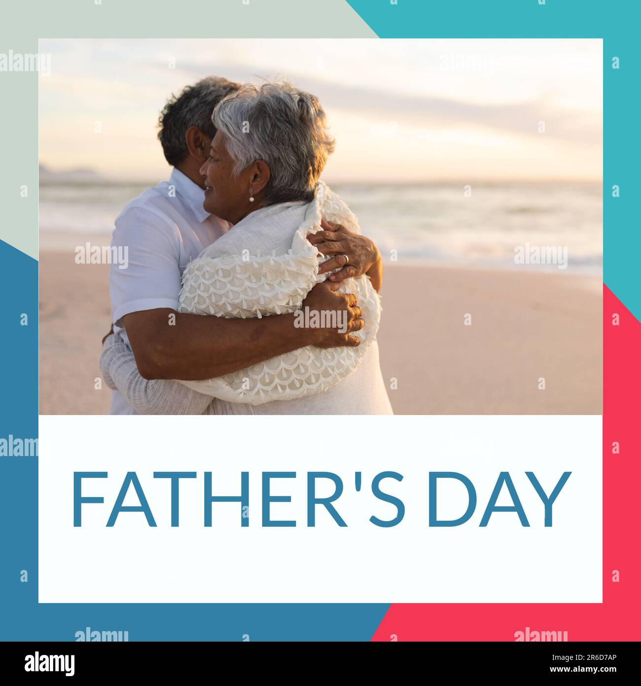 Composite of father's day text and biracial senior couple embracing at ...