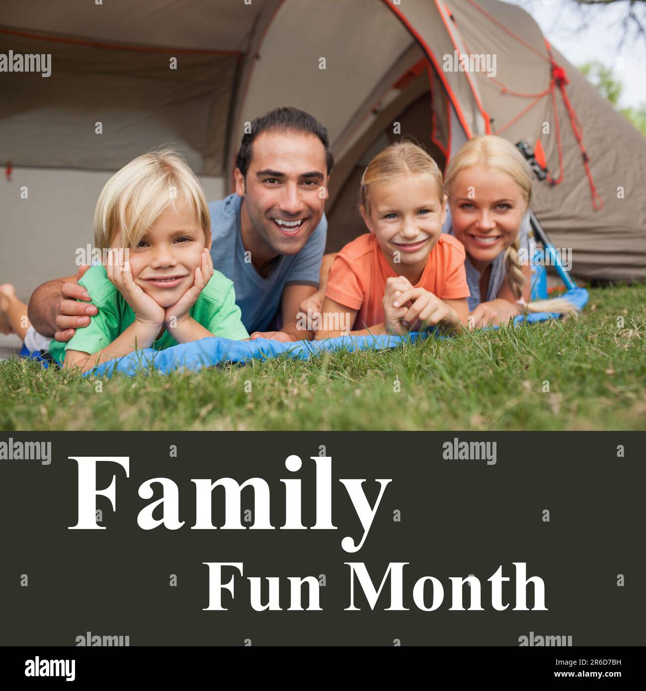 Composite of family fun month text and happy caucasian parents and ...