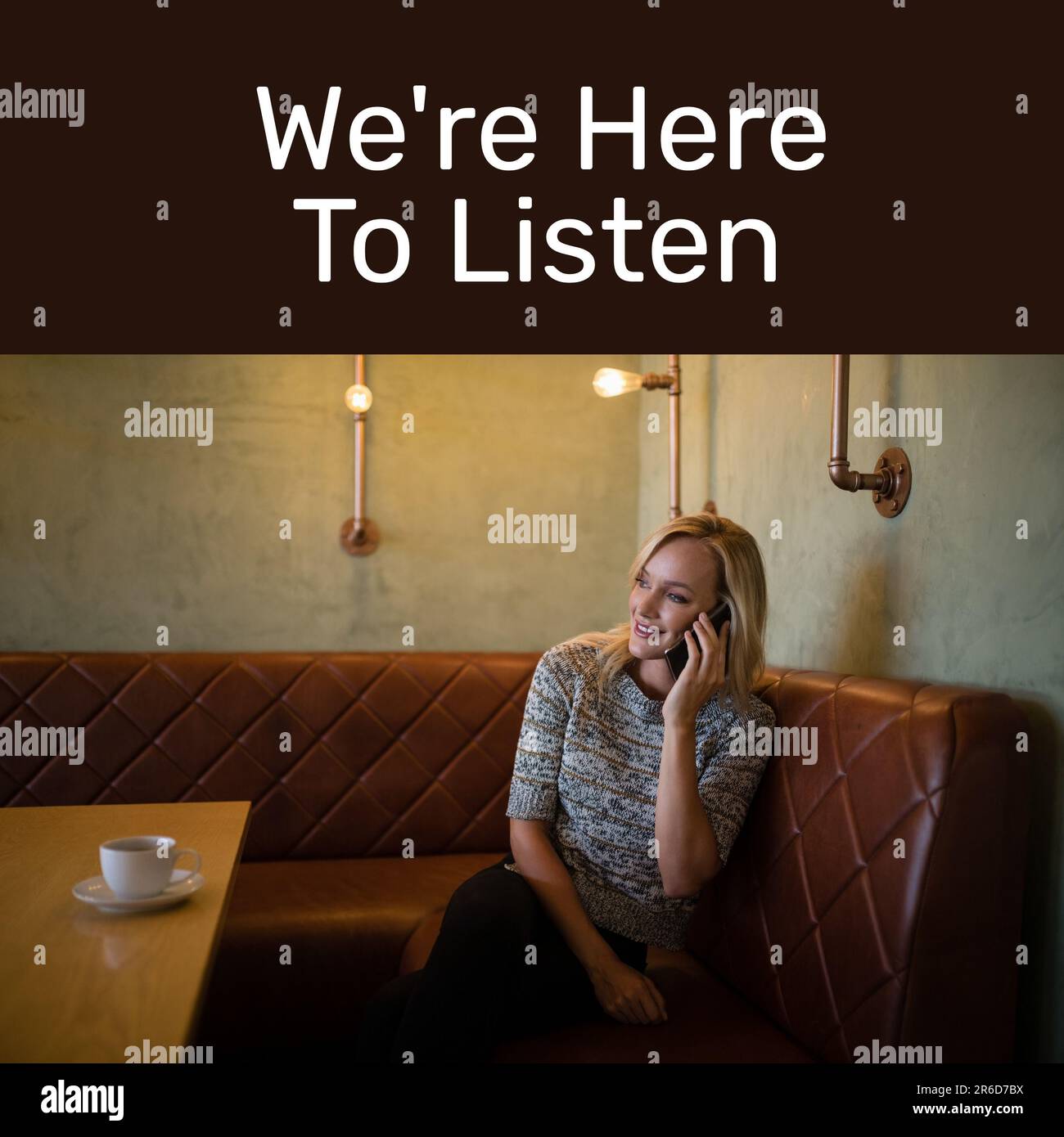 Composite of we're here to listen text and caucasian young woman ...