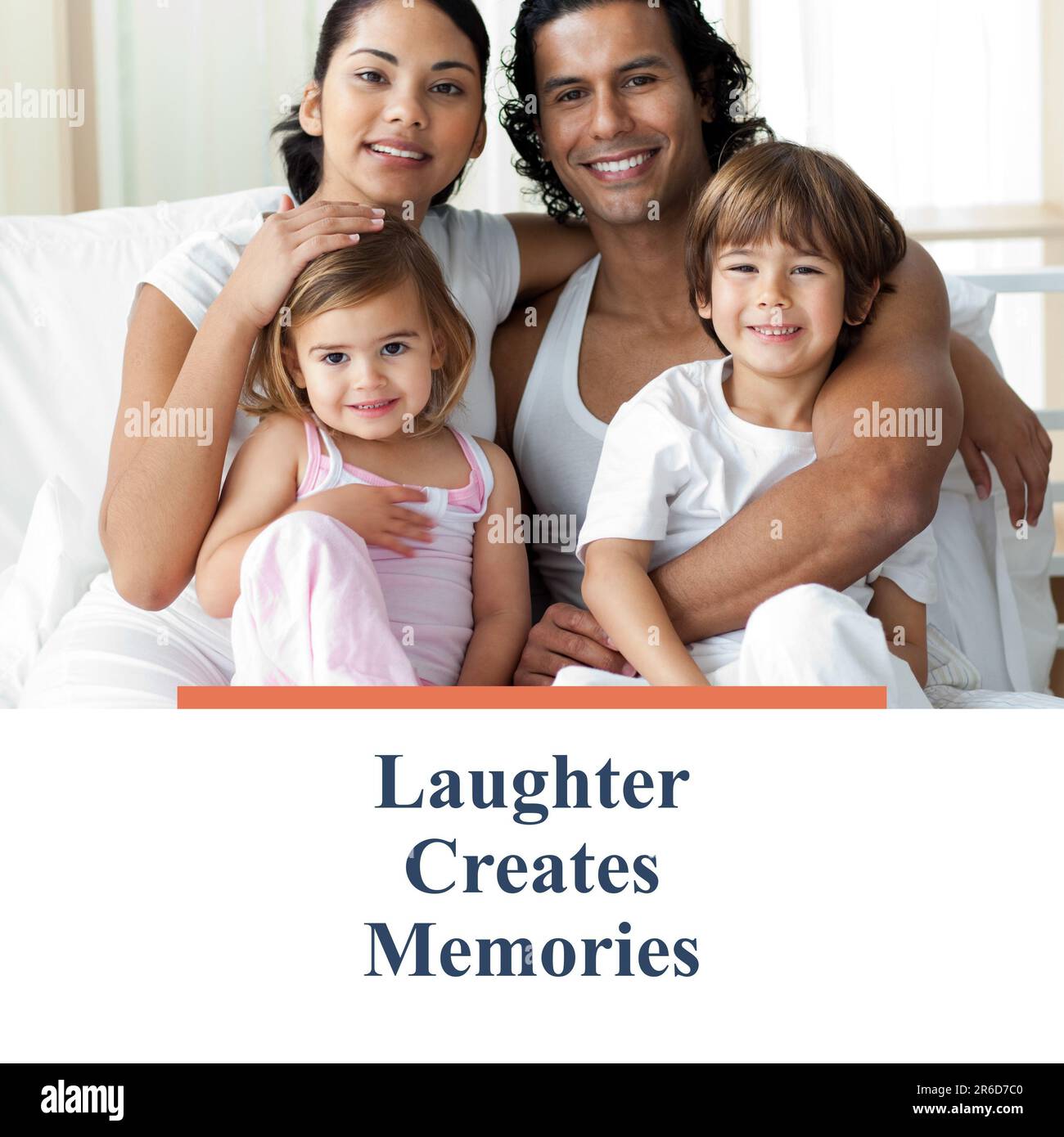 Composite of laughter creates memories text, smiling biracial parents ...