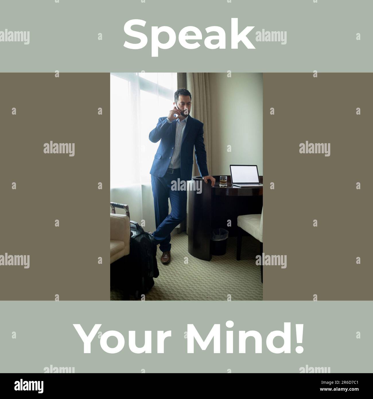 Composite of speak your mind text over caucasian businessman in suit ...