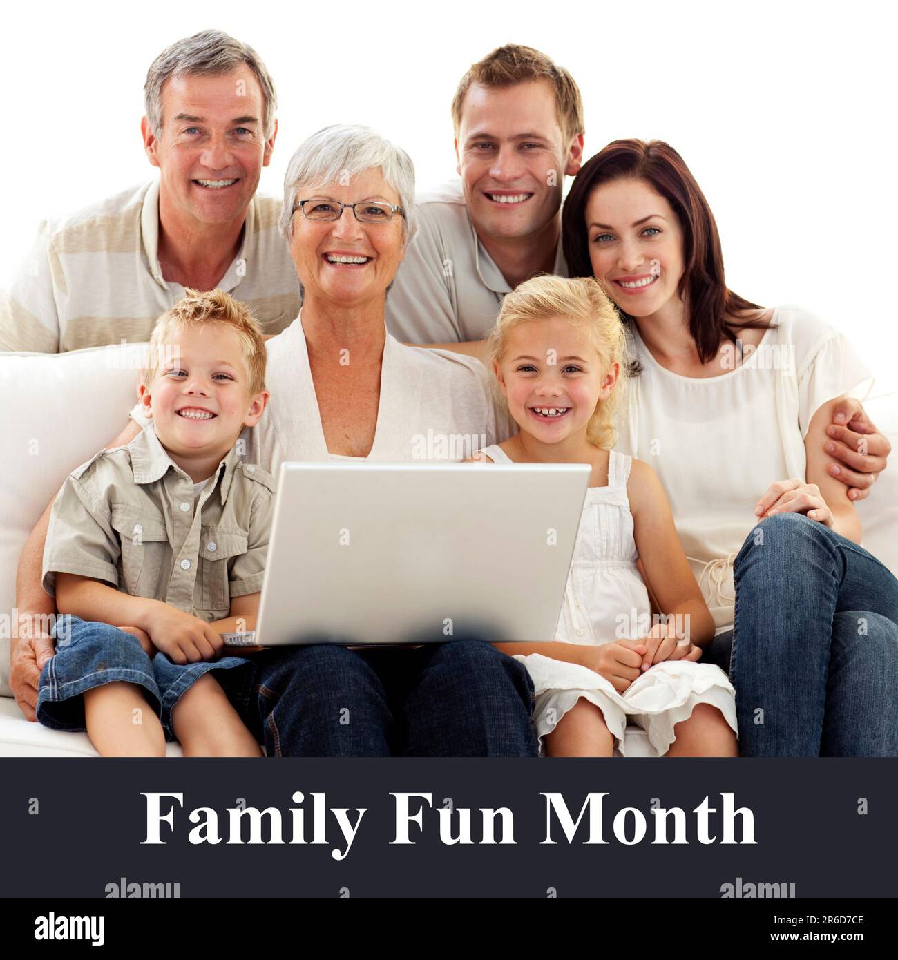 Composite of family fun month text, multigeneration caucasian family ...