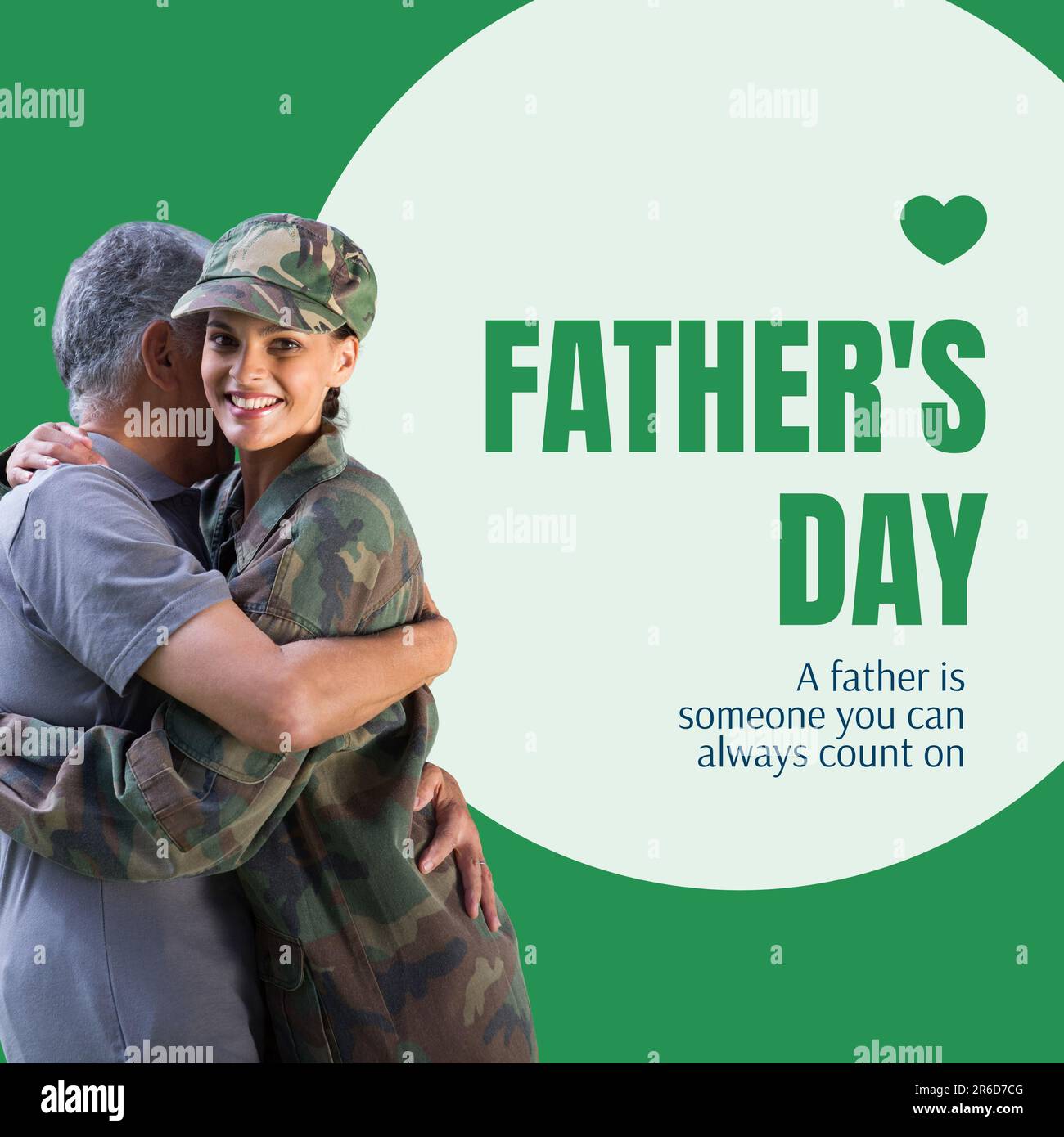 Composite of father's day text and biracial military daughter embracing senior father, copy ...