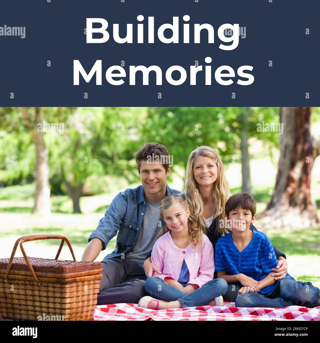 Composite of building memories text and caucasian parents and children ...