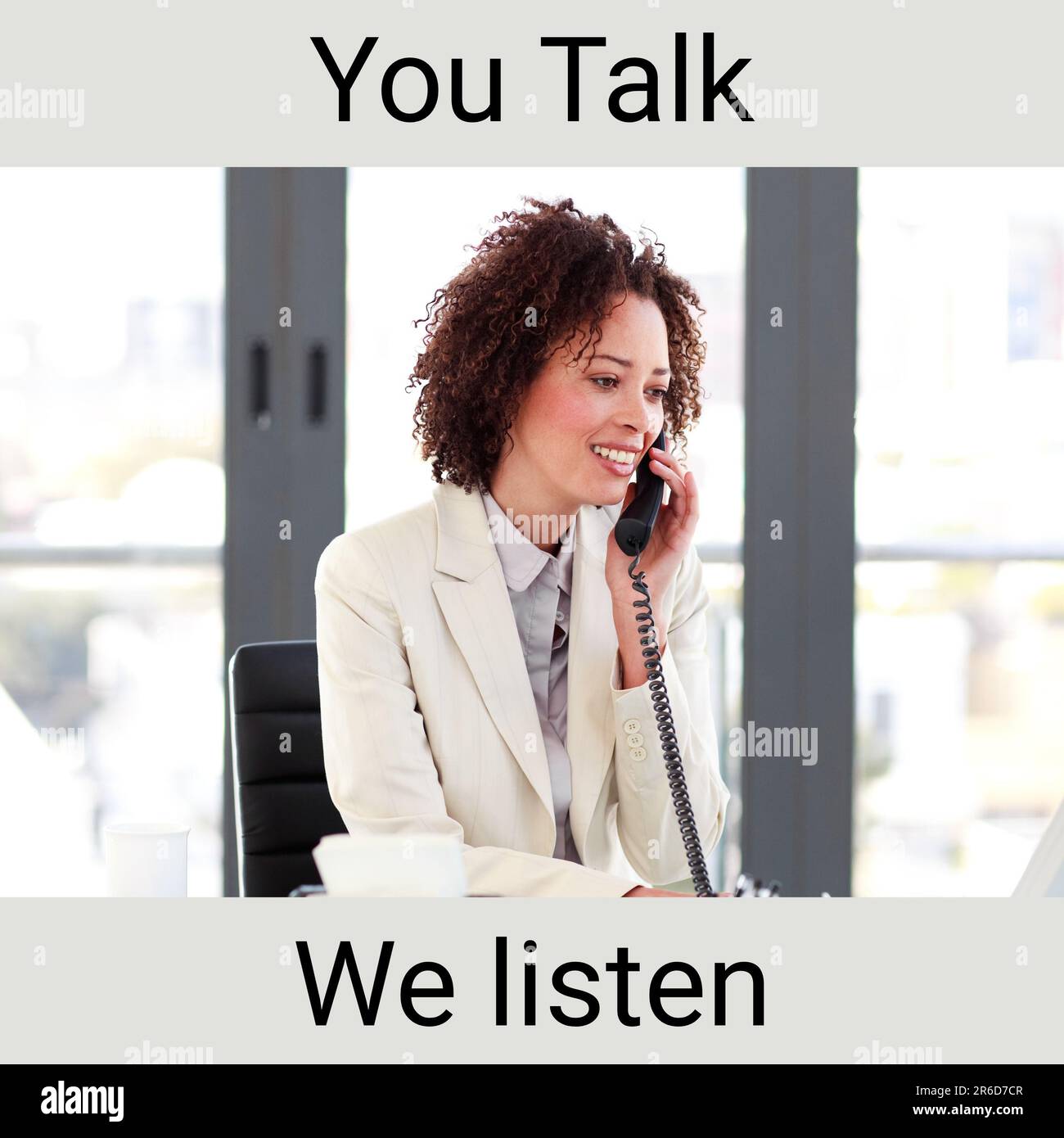 Composite of you talk we listen text and biracial businesswoman talking ...