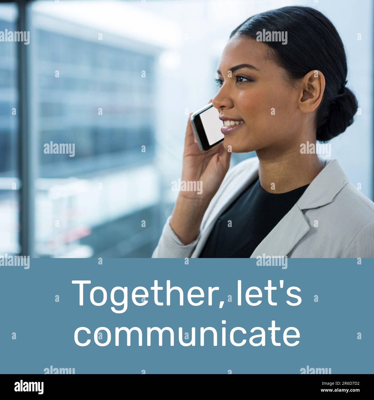 Composite of together let's communicate text and biracial young ...