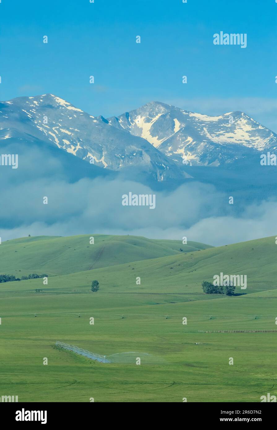 sprinkler irrigation in the clark fork valley below peaks of the flint ...
