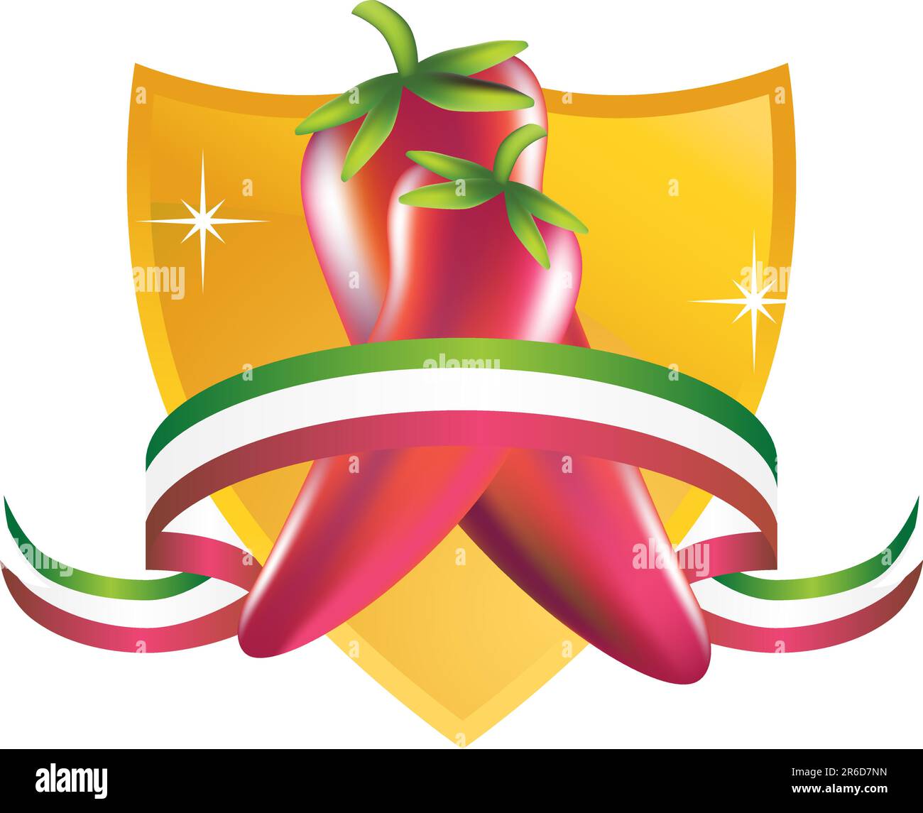 Pair of red chiles on a shield with a Mexican themed ribbon Stock ...