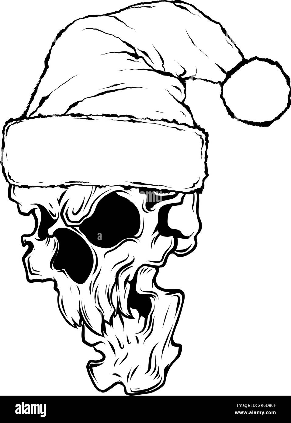 monochrome outline drawing of a horror santa claus skull with hat ...