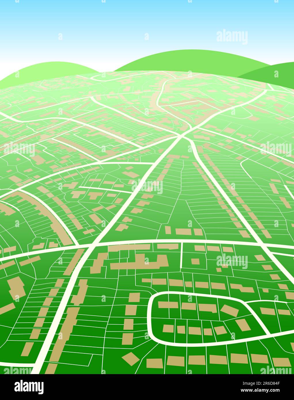 Editable vector illustration of a generic street map and green hills ...