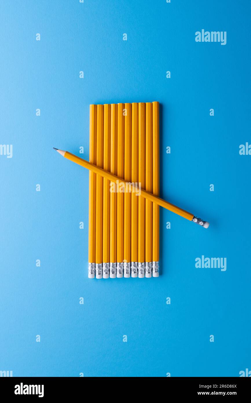 Close up of yellow pencils with erasers and copy space on blue ...