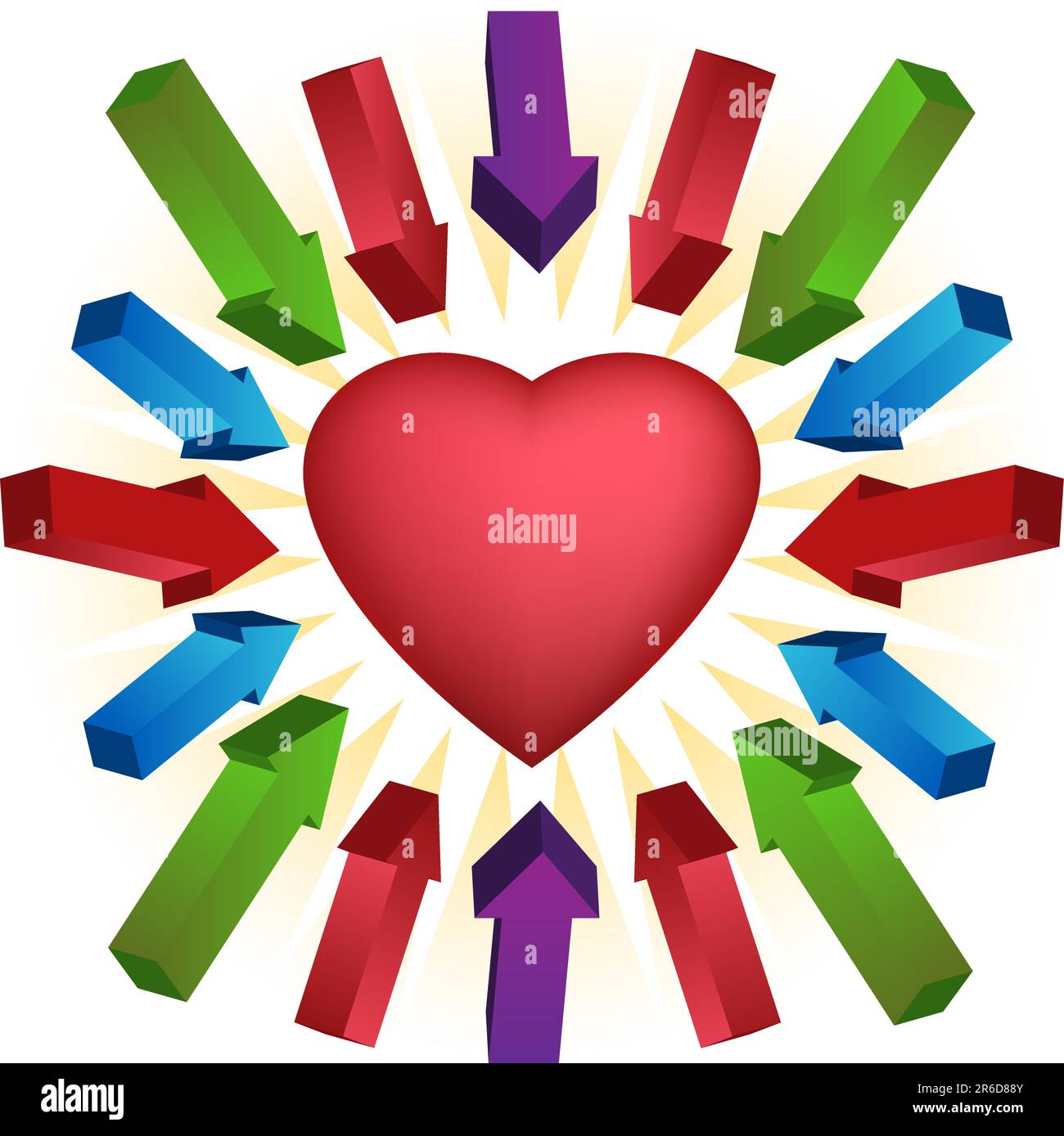 3D arrows pointing in towards a red heart - love is in the heart Stock ...