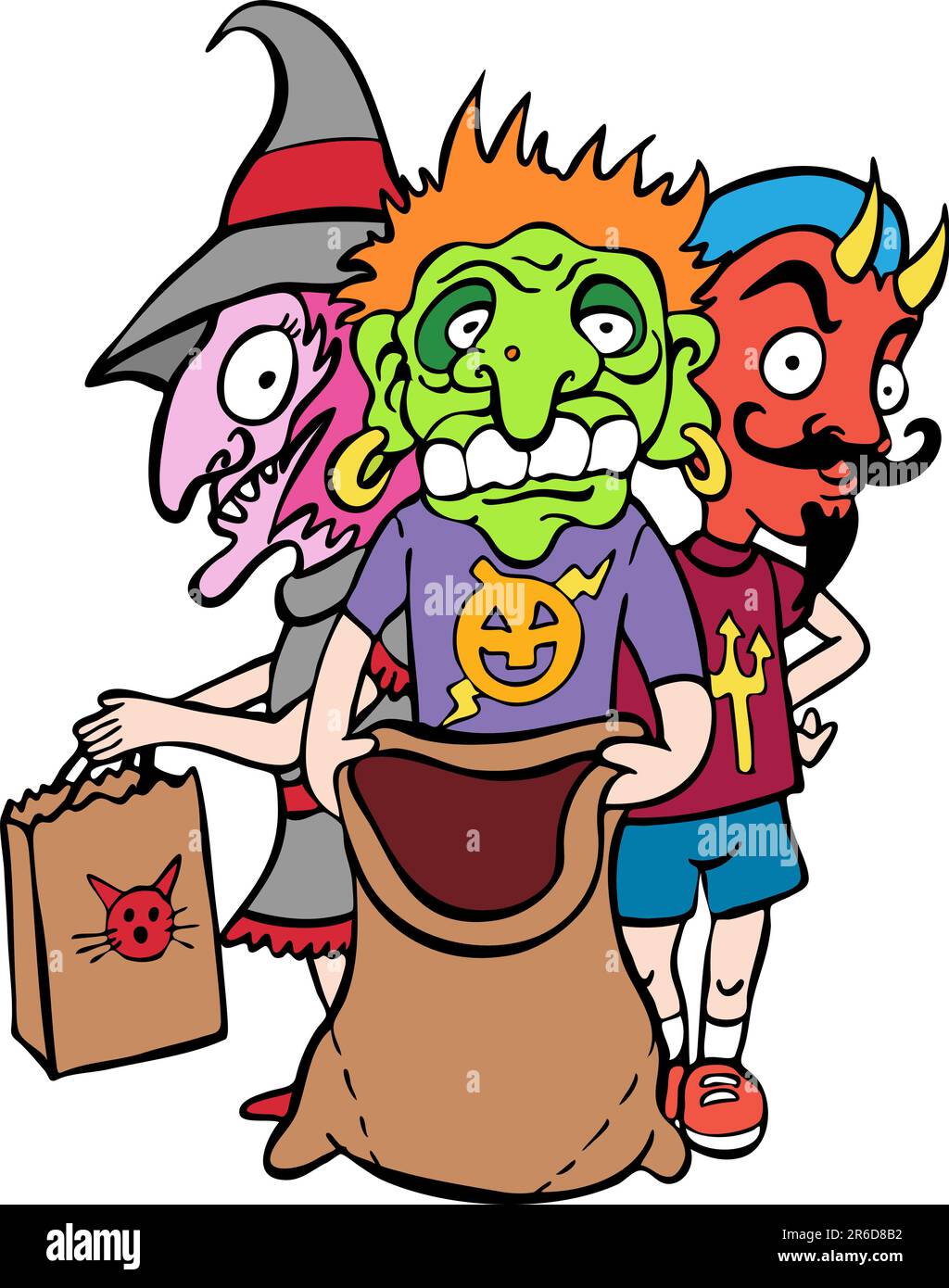 Three kids in costume dressed as a witch, monster and devil for ...