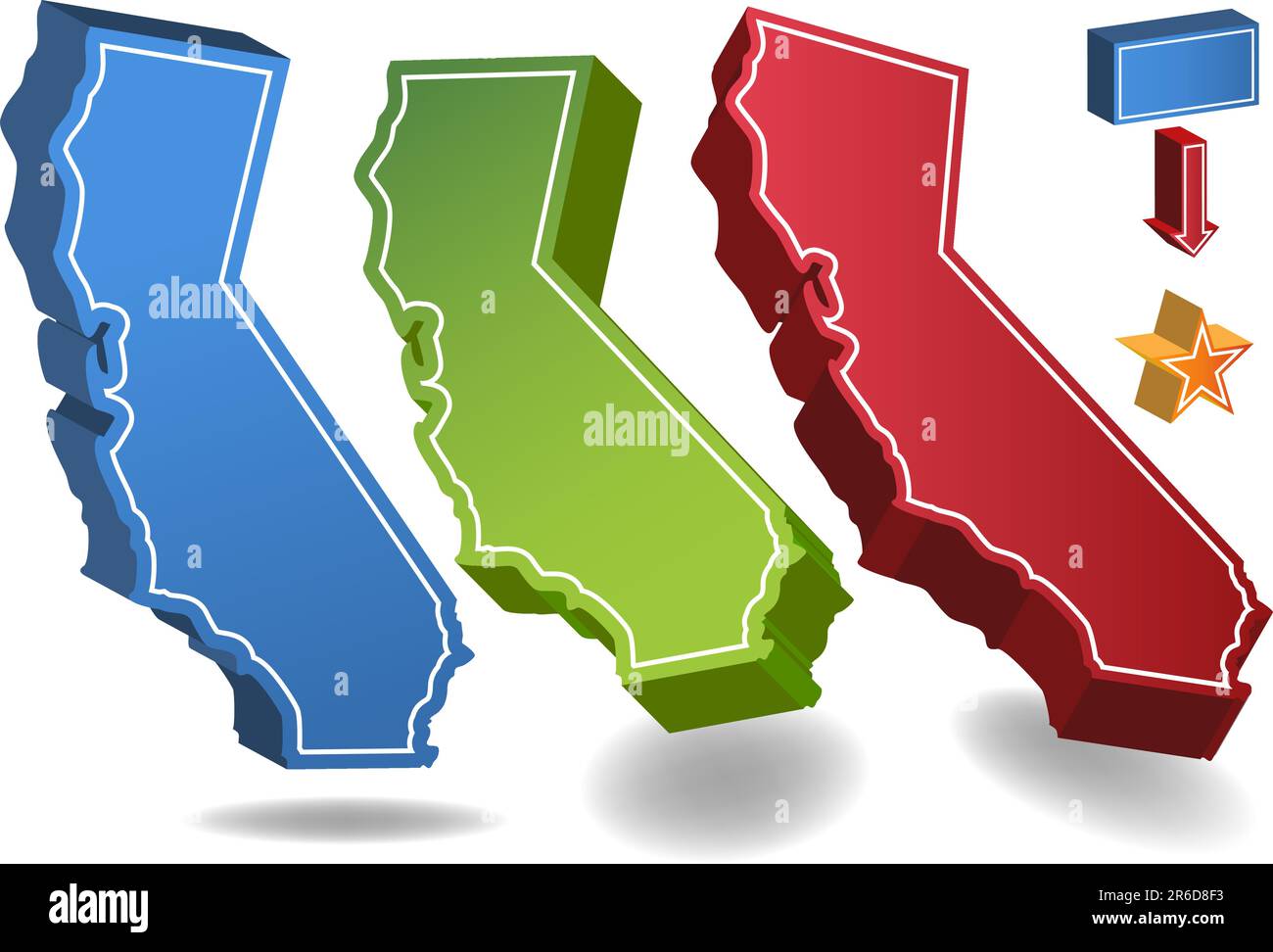 Set of 3D images of the State of California with location icons Stock ...