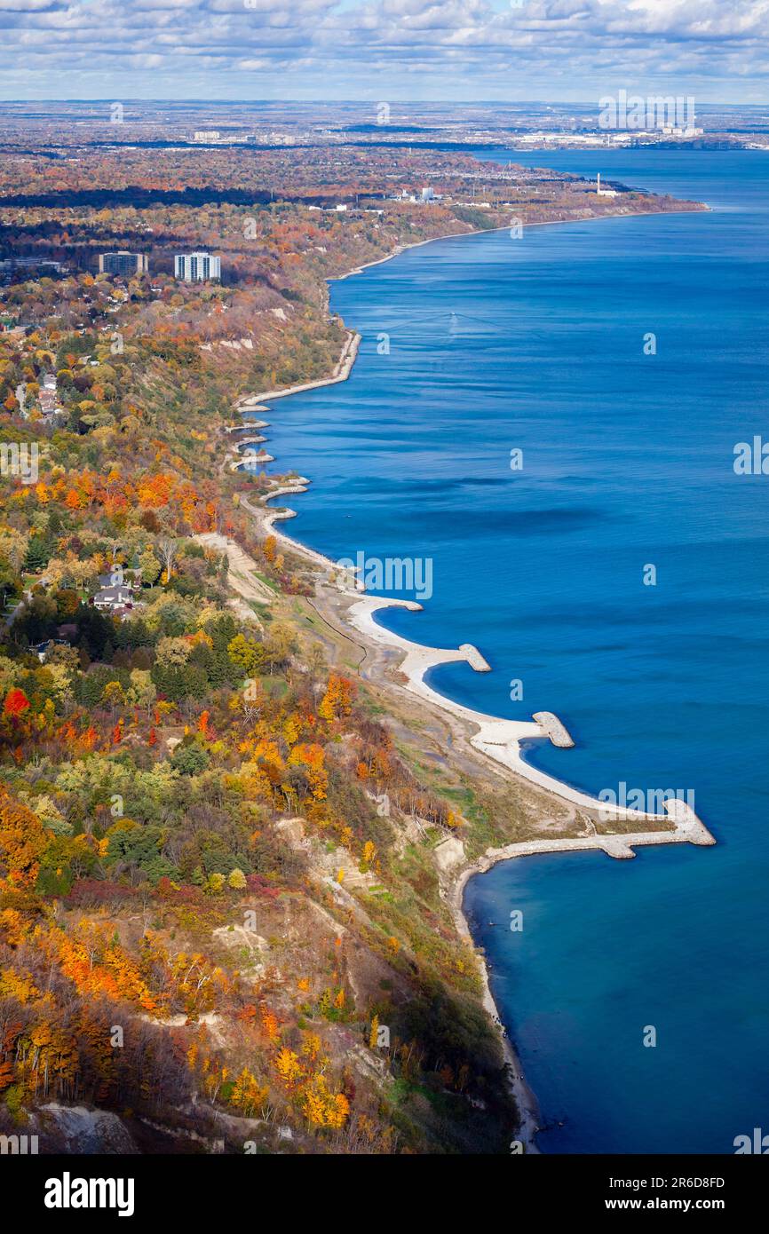 An aerial view of Scarborough Ontario waterfront with autumn colours ...