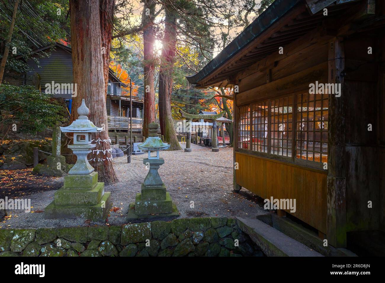 Yufuin, Japan - Nov 27 2022: Tenso-jinja shrine at lake Kinrin, is one ...
