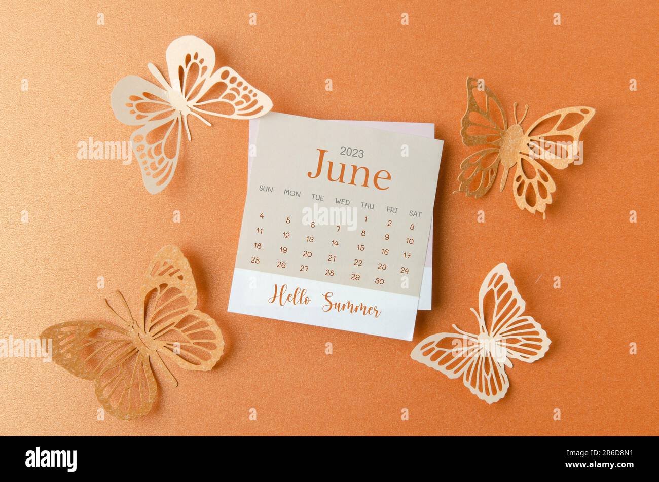 Hello Summer June 2023 calendar with butterfly paper on orange color ...