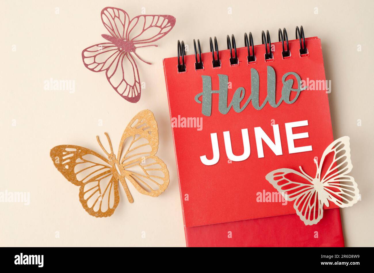 Hello JUNE calendar and butterfly made from paper cutting Stock Photo ...