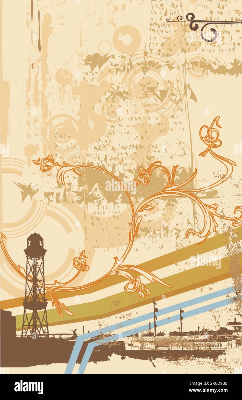 Urban abstract background with floral swirly ornament, made in grunge ...