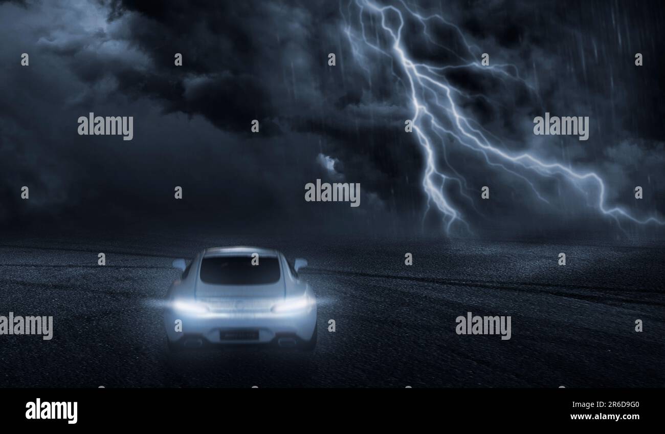 3D Rendering white sports car that focuses on the back, runs on a road ...