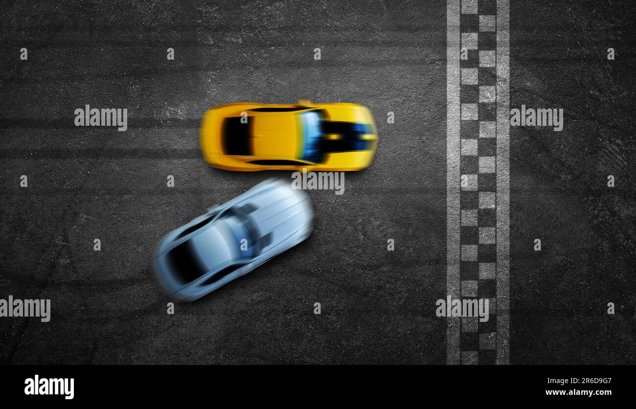 3D Rendering Aerial top view two cars battle on race track going to the ...