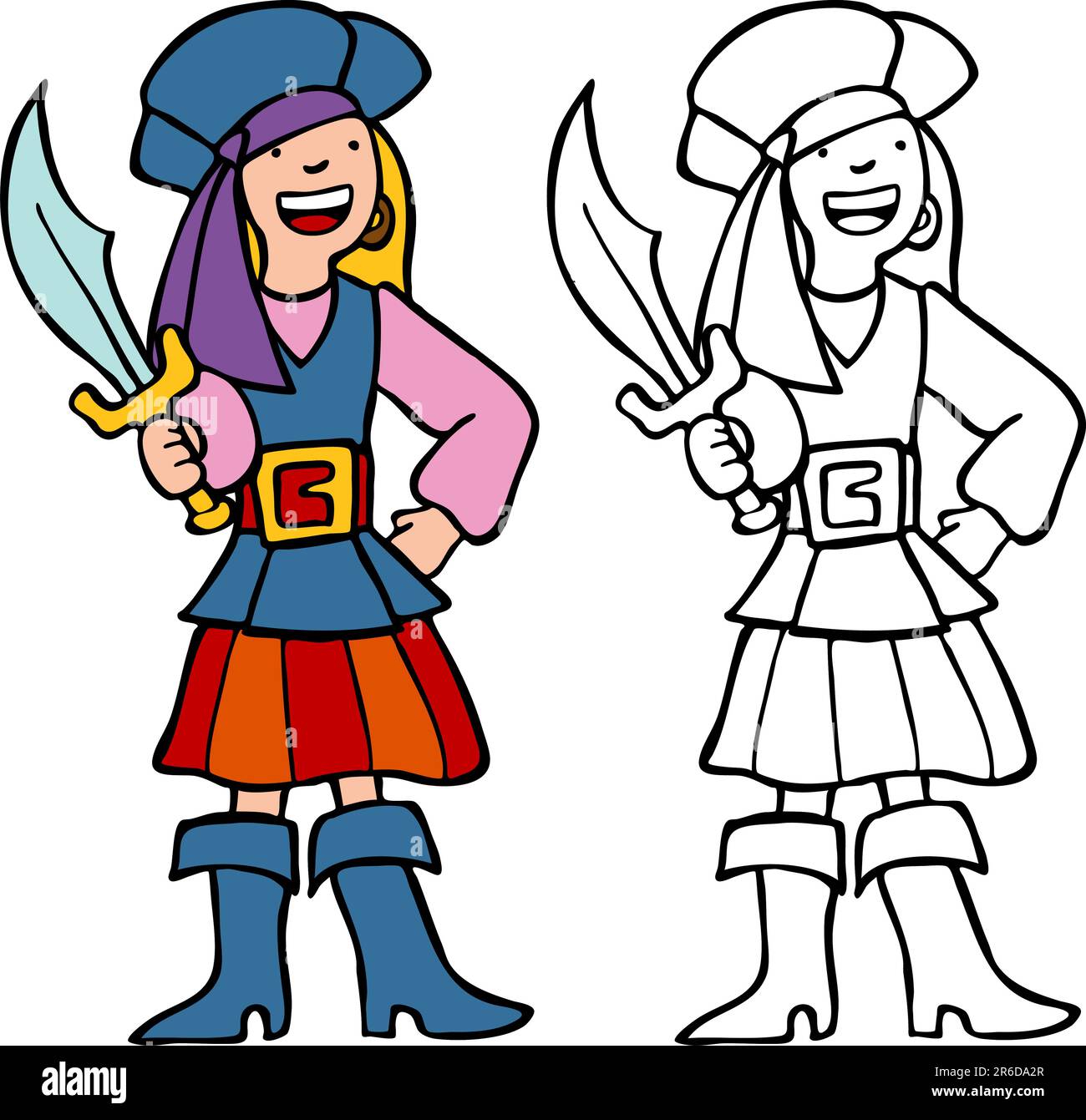 Cartoon image of a person dressed as a pirate - color and black/white ...