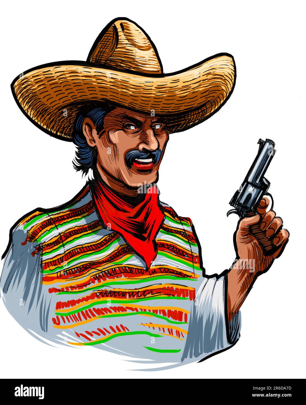 Mexican bandit in sombrero with gun. Hand-drawn ink on paper and hand ...