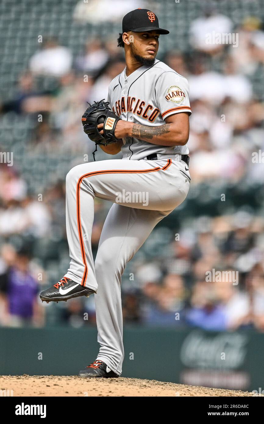 DENVER, CO - JUNE 8: San Francisco Giants relief pitcher Camilo Doval (75) pitches in the ninth ...