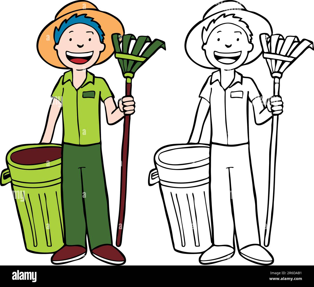 Cartoon image of man doing yard work - color and black/white versions ...