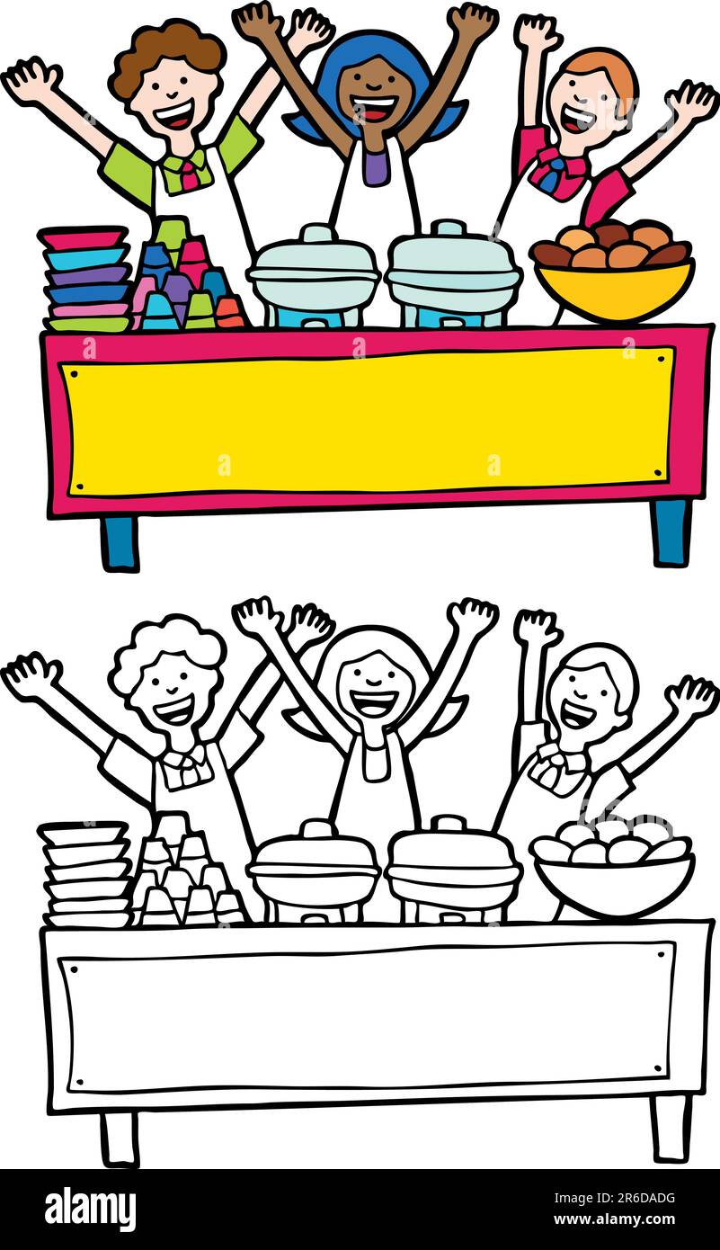 Cartoon image of servers at a buffet table with blank banner - both ...