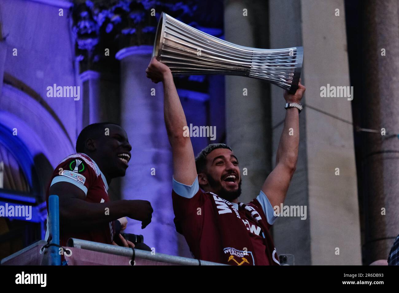 London, UK. 8th June, 2023. West Ham forward Said Benrahma lifts a trophy. Following West Ham ...