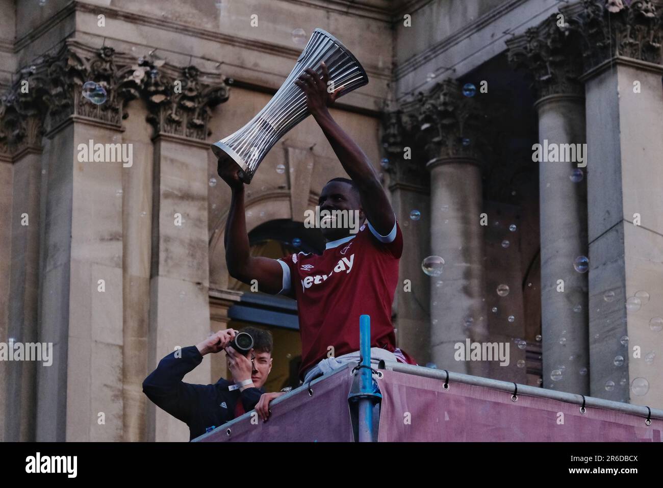 London, UK. 8th June, 2023. Kurt Zouma lifts a trophy. Following West Ham United's 2-1 victory ...