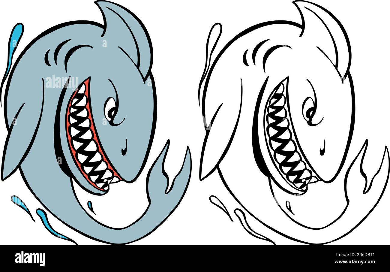 Cartoon image of a shark - both color and black / white versions Stock ...